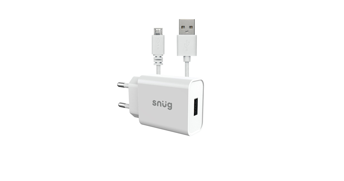 10.5W Snug Wall Charger with USB-A to Micro-USB Cable – 1-Port White