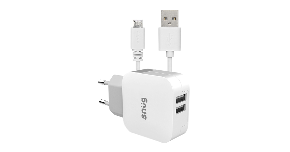 12W Snug Wall Charger with Micro-USB Cable – 2-Port White